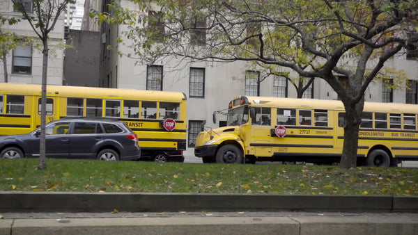 yellow school bus - parked buses waiting for students on Park Ave autu ...